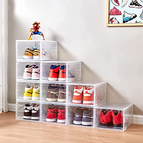 Drop Front Shoe Box,Set of 8 , Stackable Plastic Shoe Box with Clear Door, As Shoe Storage Box and Shoe Containers for Sneaker Display,Clear Shoe organizer and cases with lids， Fit up to US Size 12(13.4”x 9.8”x 7.1”)Clear