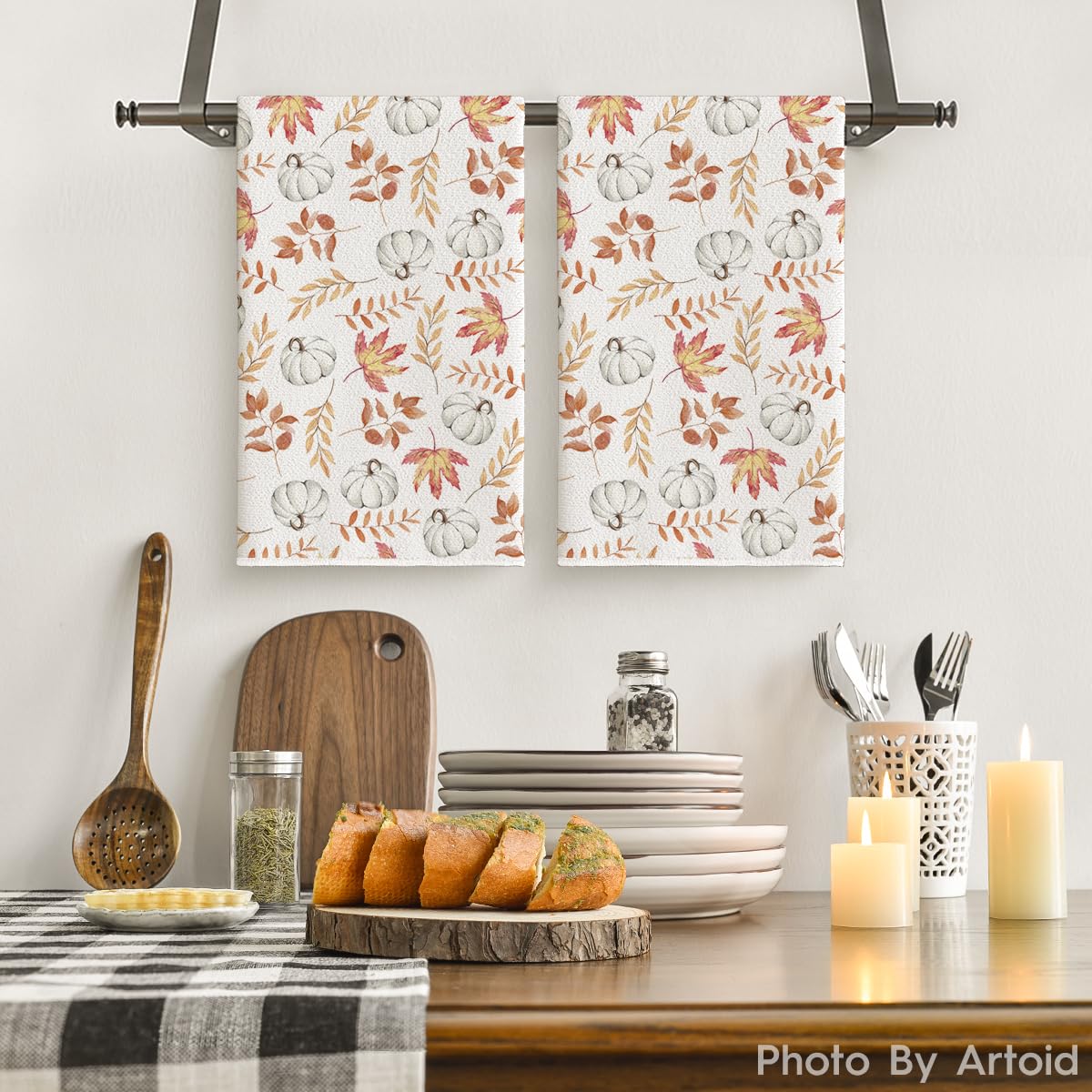 Artoid Mode Orange Leaves Pumpkin Fall Kitchen Towels Dish Towels, 18x26 Inch Farmhouse Decoration Hand Towels Set of 2
