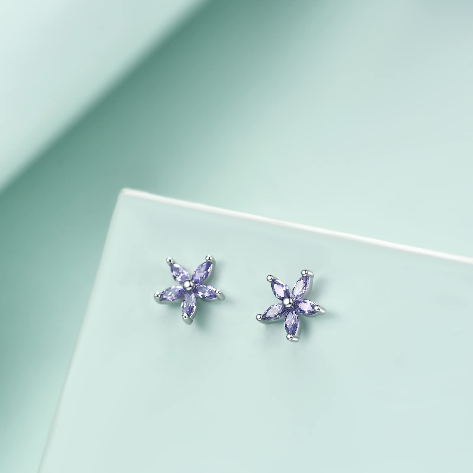 925 Sterling Silver Small Purple Flower Stud Earrings for Women, Tiny Cubic Zirconia Flower Earrings - Dainty Hypoallergenic Earrings for Sensitive Ears