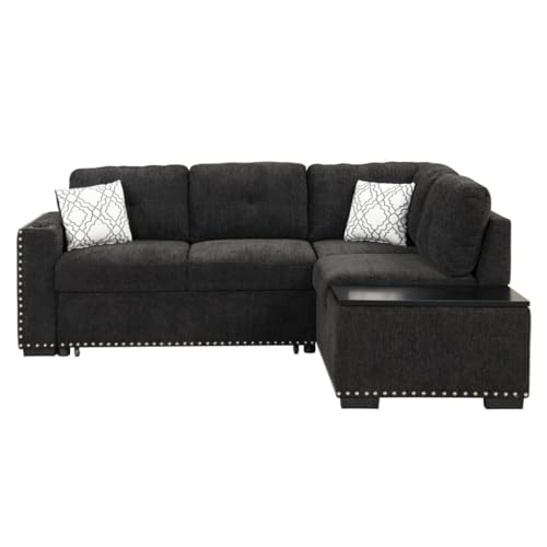 ADUH 83.8" L-Shaped Sofa,Comfy Couch,Reversible Sectional Pull-Out Sofa Bed with Storage Chaise,USB Power Sockets