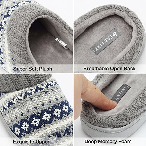 CIOR Women's Memory Foam House Slippers Sweater Knit Embroidered Pattern and Ribbed Hand-Knit Collar-U1MTW014-Navy Blue-38-39