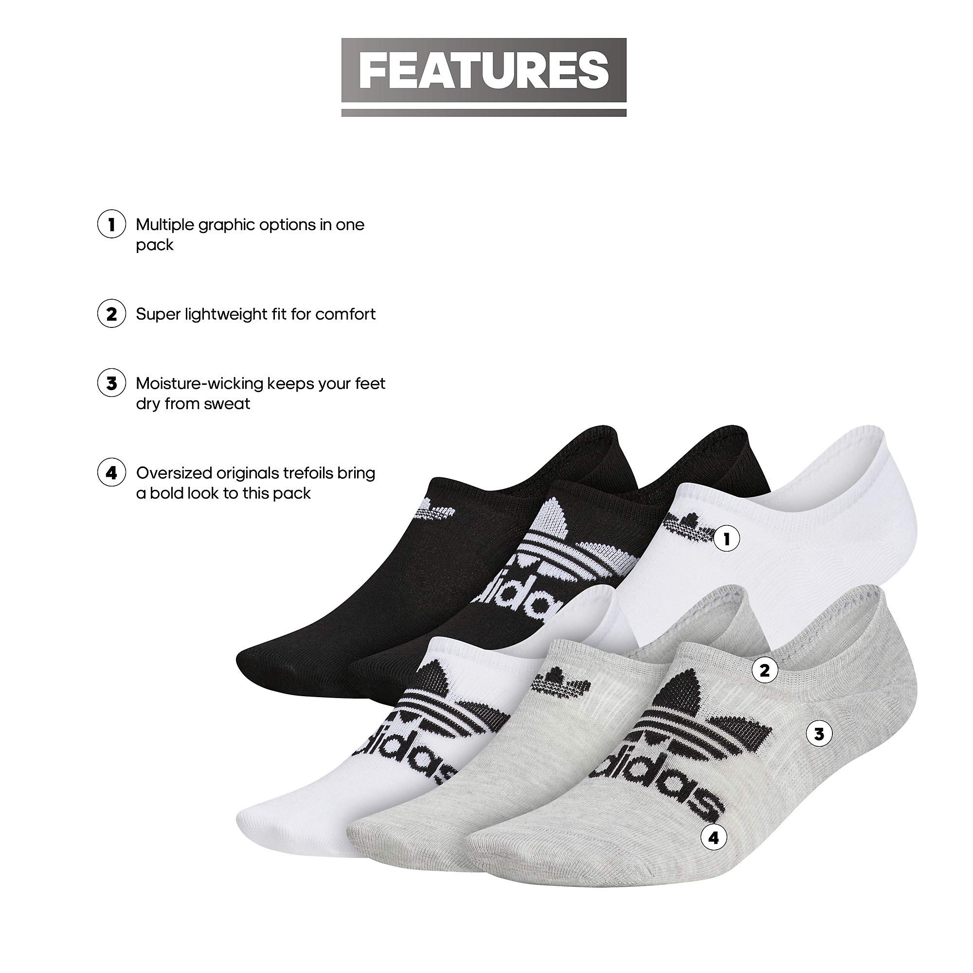 adidas Originals Men's Classic Trefoil Superlite Super No Show Socks (6-Pair), Heather Grey/White/Black, Large