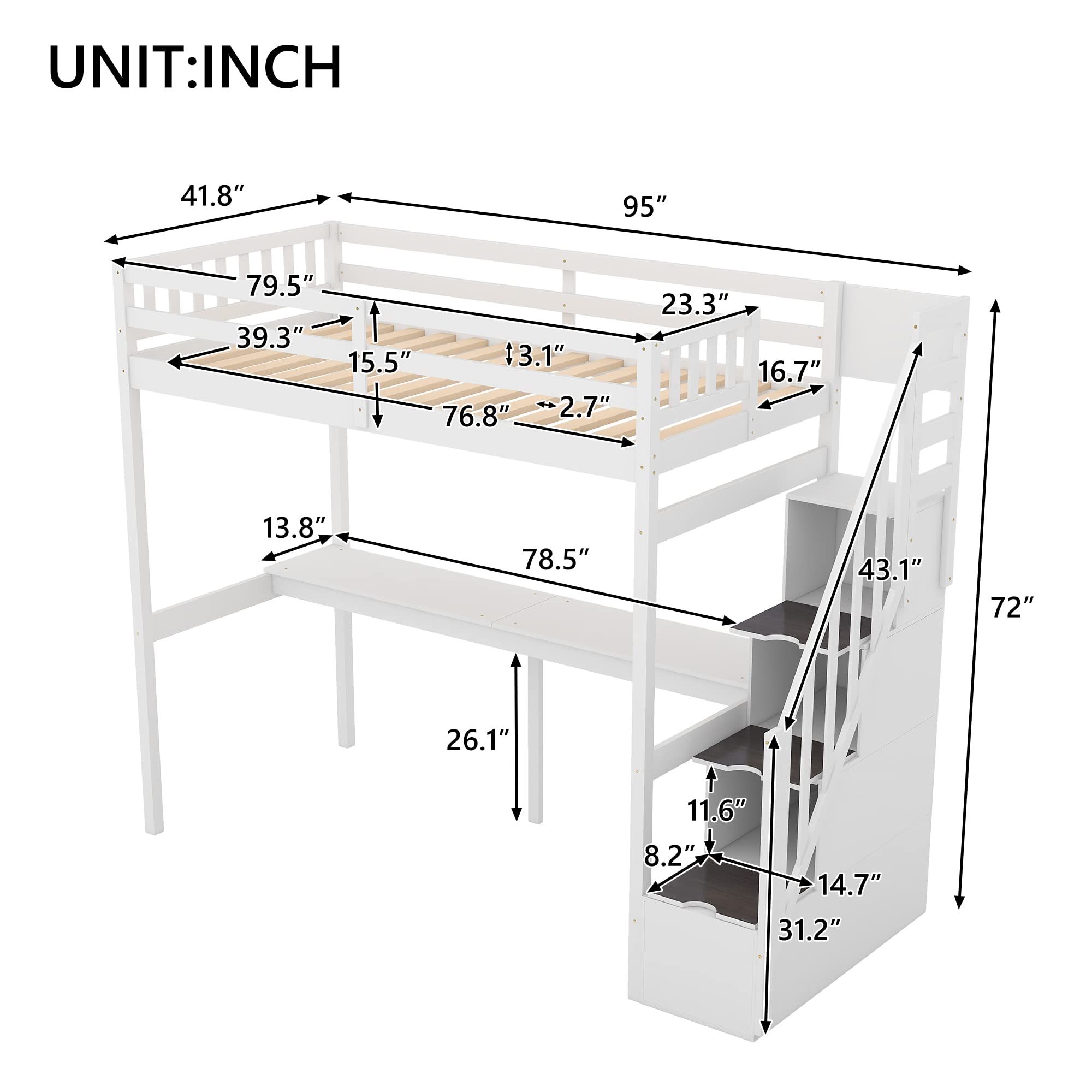 MERITLINE Twin Loft Bed with Desk and Stairs,Wooden Loft Bed Twin with Storage, Kids Loft Bed with Steps for Girls Boys Bedroom, Dorm(Twin,White)