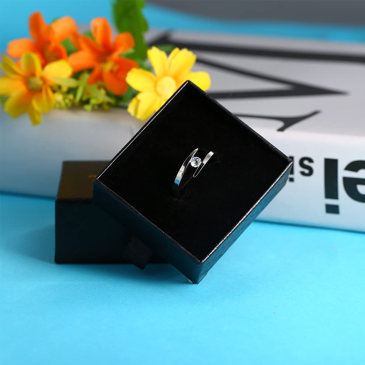 6mm Black Enamel Open Heart Titanium Rings Brushed Trendy, Finger Ring Wedding Love Promise Engagement Ring Comfort fit Women Size 8