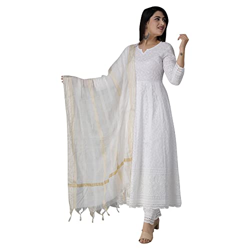 Chikankari Cotton Anarkali Indian Kurti For Women Summer Dress Kurta Pant With Dupatta Set Pakistani Long Kurta-(XXL) White