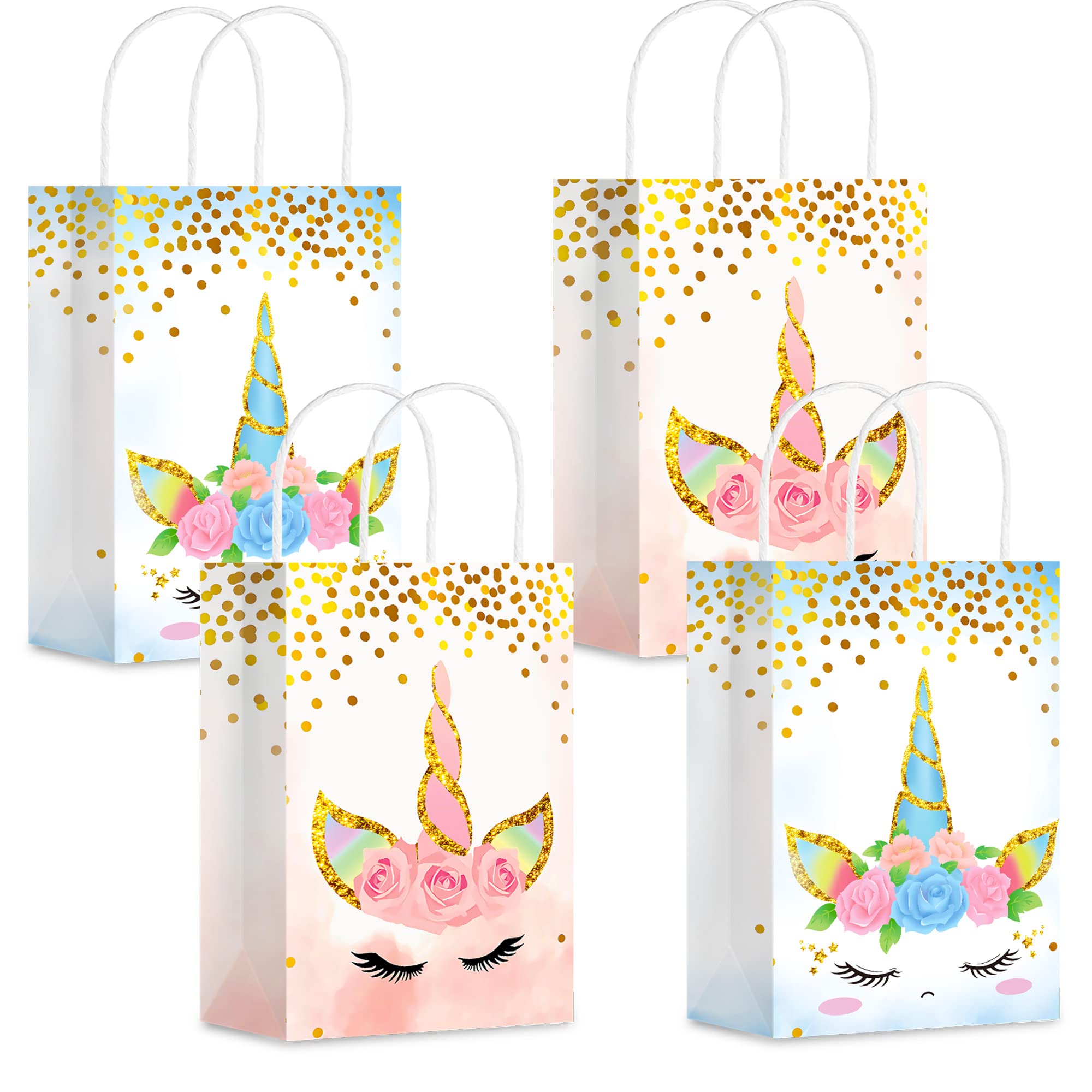 Sinekong 16Pcs Unicorn Party Favor Bags Unicorn Goodie Gift Treat Candy Bags Reusable Unicorn Goody Kraft Paper Bag with Handle for Unicorn Party Supplies Birthday Decorations for Baby Shower