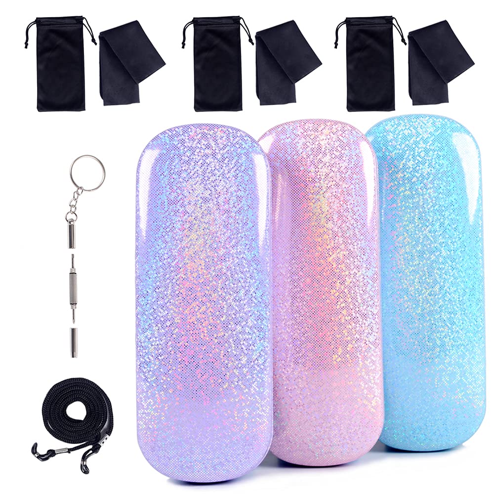 ADBGV 3Pack Unisex Hard Shell Glasses Case, Glasses Protector Case, Sunglasses Cases with Cleaning Cloth, Fixed Non-Slip Cord
