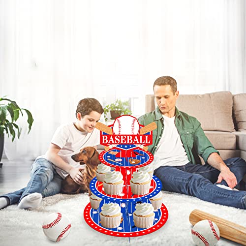 Baseball Theme Cupcake Stand 3 Tiered Baseball Cupcake Stand Sport Theme Cake Holder Baseball Player Cake Decoration for Baseball Softball Sport Birthday Party Supplies