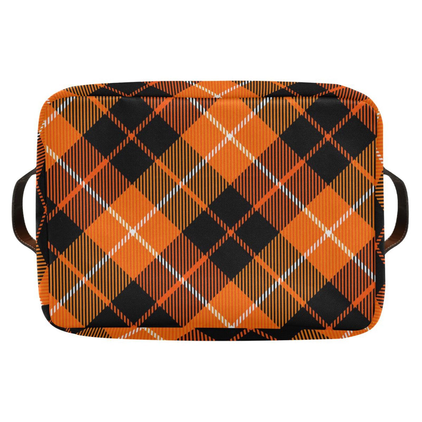NFMILI Orange Black Plaid Storage Basket, Fabric Storage Cubes Bins, Open Home Storage Bins with Handle 14.2 x 10.2 x 8.3 in