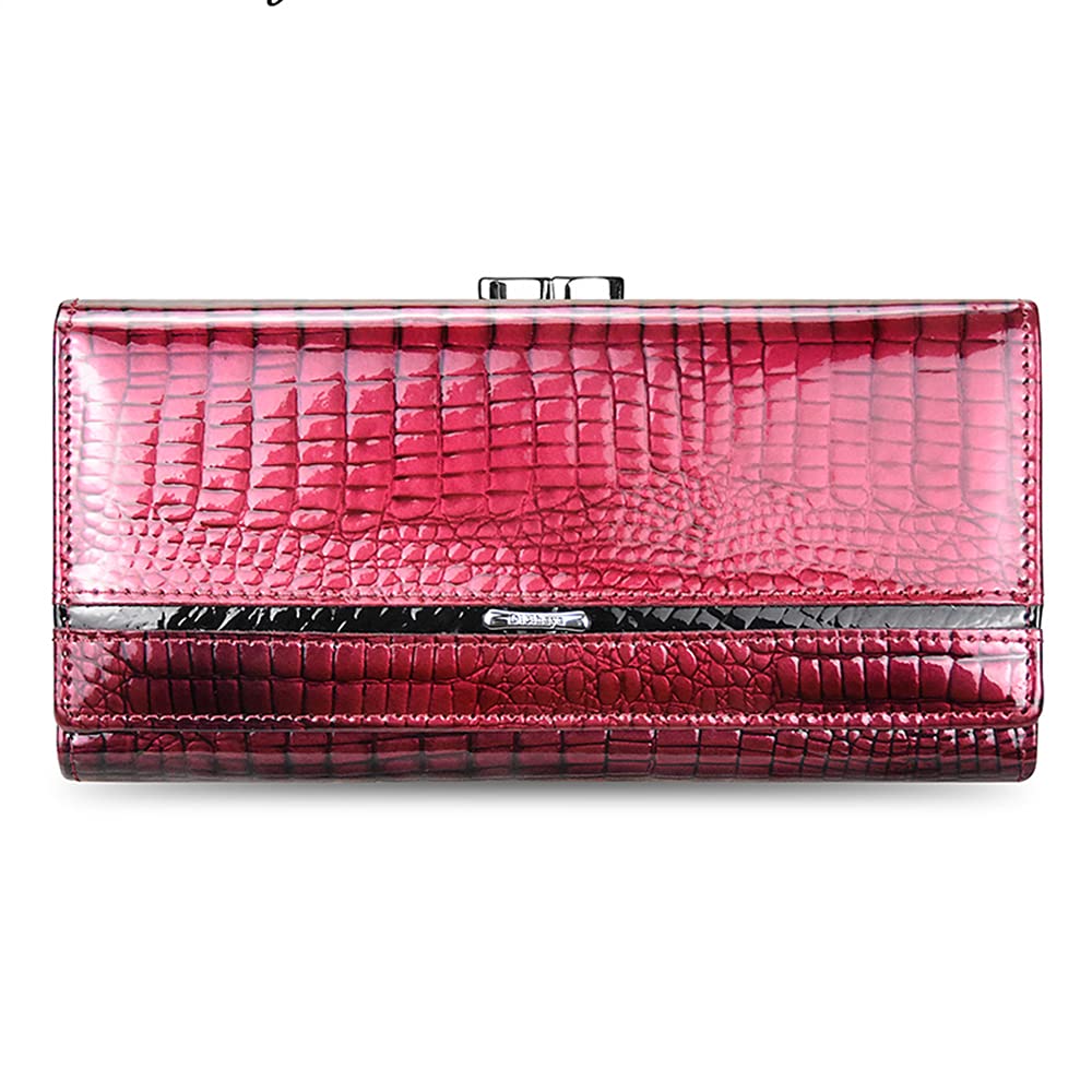 Dicihaya Womens Large Capacity Zipper Luxury Patent Genuine Leather Clutch Wallet Multi Card Organizer Coin Pouch (Burgundy)