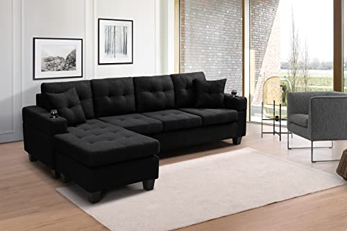BIADNBZ Sectional Sofa Couch with Reversible Chaise Lounge and Cupholders, Modern L-Shaped Living Room Set w/2 Pillows for Apartment, Black