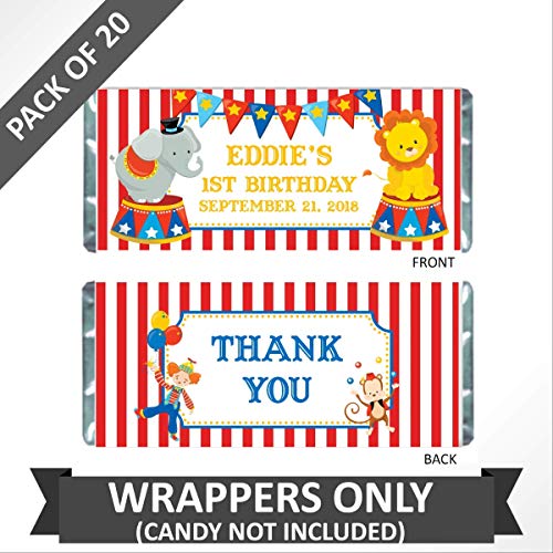 Circus Personalized Candy Wrappers for Chocolate, Kids Birthday Party Favors, Pack of 20 Custom Hershey Bar Labels