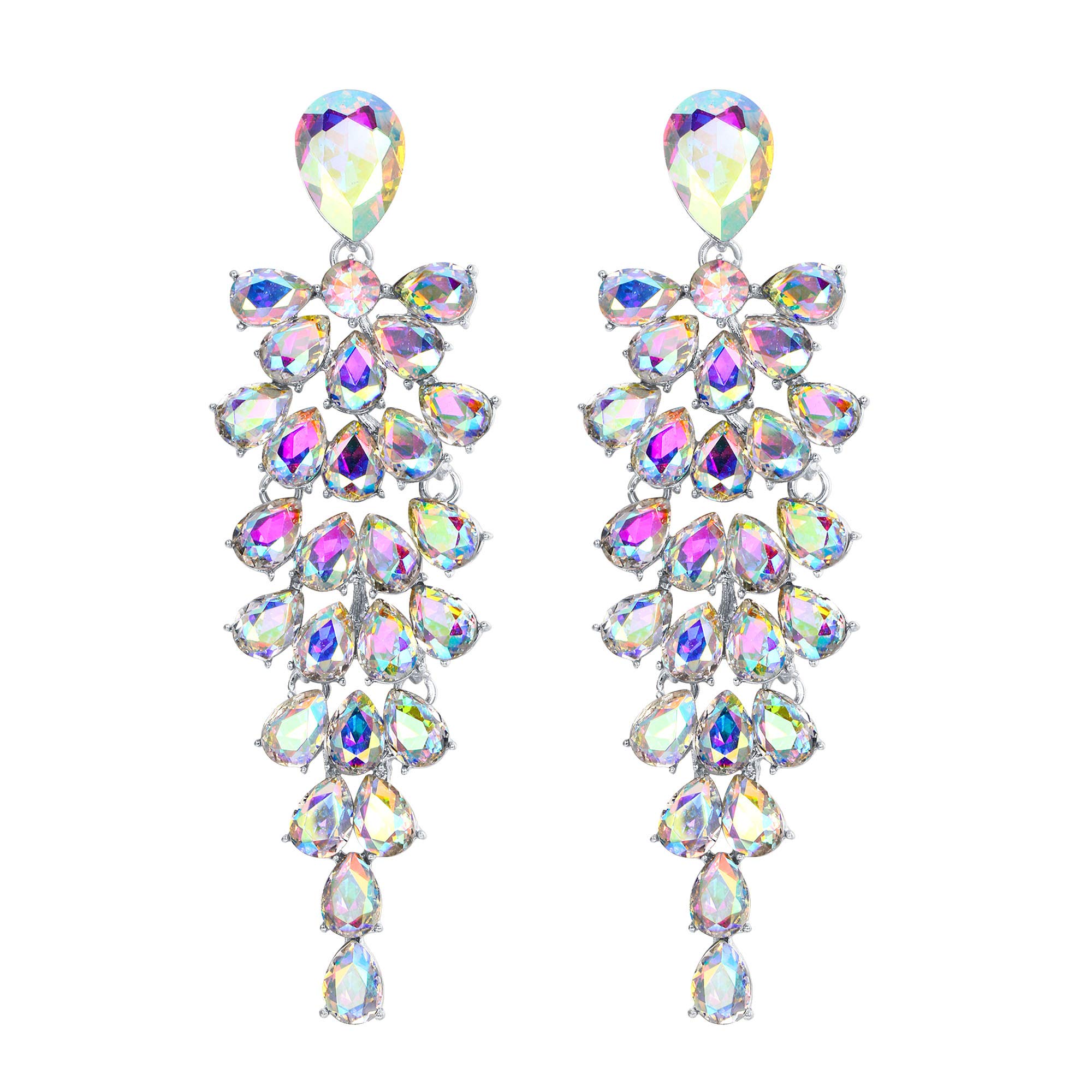 BriLove Women's Wedding Bridal Dangle Earrings for Party Prom Crystal Multi-Layer Teardrop Cluster Bling Jewelry Iridescent AB Silver-Tone