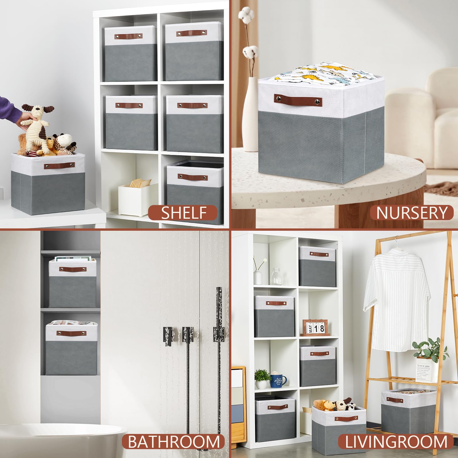 HNZIGE Fabric Storage Cubes 11x11x11,6Pcs Storage Cubes Organizer shelves, Large Linen Closet Foldable Storage Cubes for Shelves,Baskets for Cube Storage Home, Office Toy (White Gray)