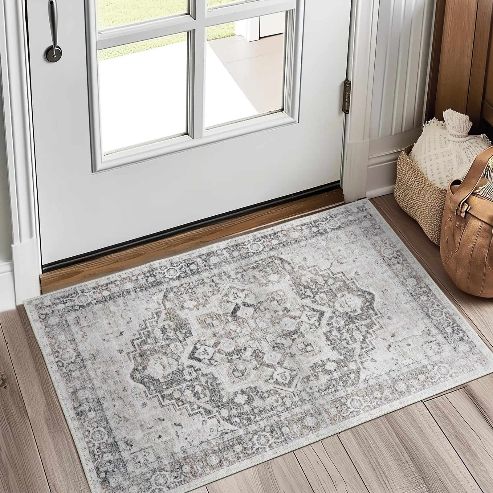 jinchan Area Rug 2x3 Entryway Rug Indoor Vintage Washable Rug Distressed Carpet Thin Doormat Non-Slip Accent Rug Lightweight Bathroom Kitchen Living Room Bedroom Greige