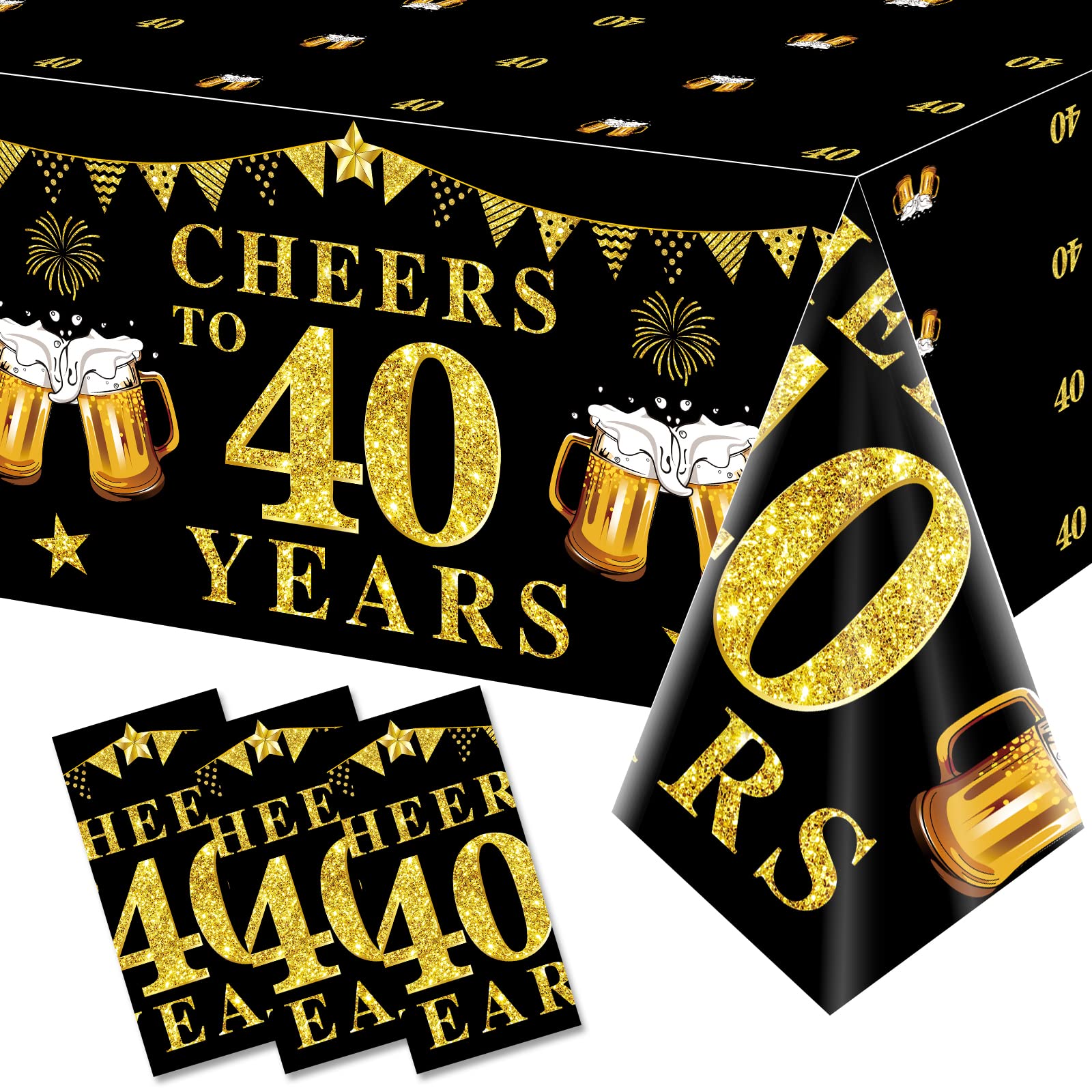 Turypaty 3 Pack Black Gold 40th Birthday Tablecloth Decorations for Men Women, Cheers to 40 Years Table Cover Party Supplies, Forty Years Old Birthday Anniversary Disposable Rectangular Table Ware