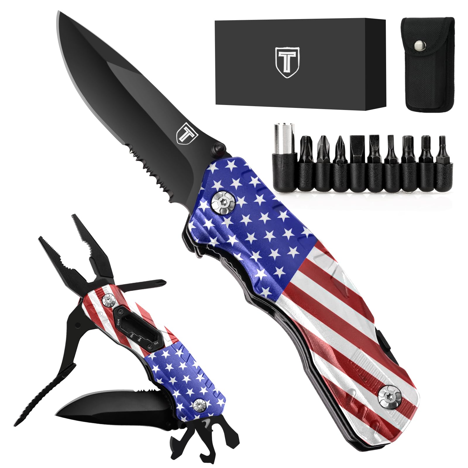 Multitool Pocket Knife American Flag, US Flag Folding Knife, Patriotic Christmas Stocking Stuffers American Gifts for Men Him Dad Husband, Cool Gadgets for Survival Fishing, Camping Accessories