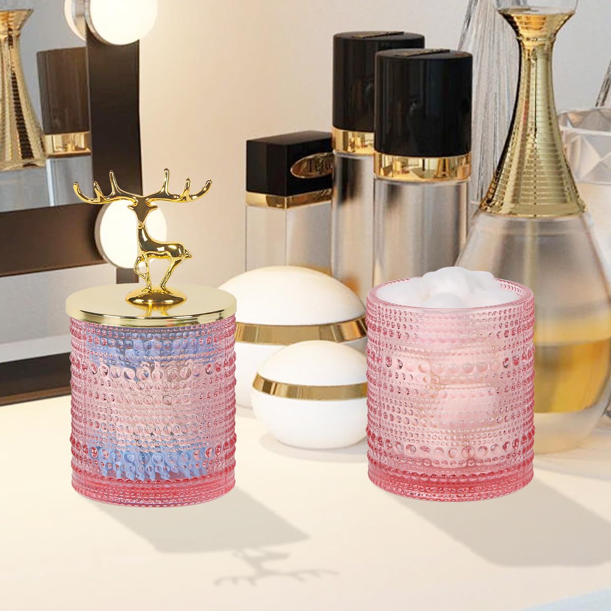 Tonxus 2-Pack Glass Qtip Holder Dispenser Set,Apothecary Jars with Gold Metal Lid,Cute Bathroom Qtips Jars,Cotton Ball Organizer for Cotton Swab,Round Pads,Floss Picks,Bath Salt,Makeup (Pink A)