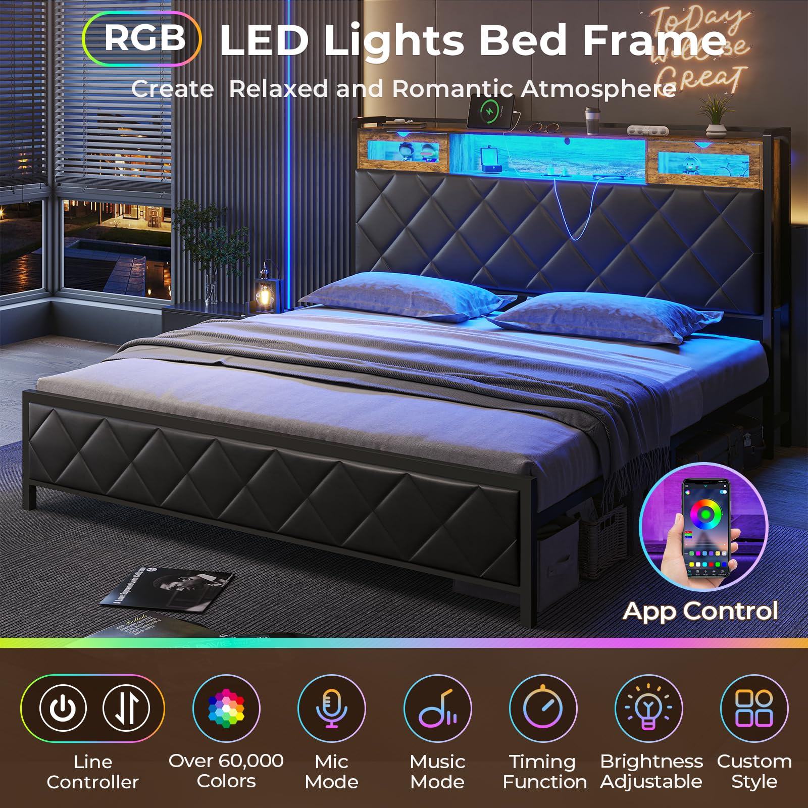 DICTAC King Size Bed Frame, Storage Headboard and Charging Station, Platform King Bed Frame with Led Lights, Solid and Stable, Noise Free, No Box Spring Needed, Easy Assembly, Black