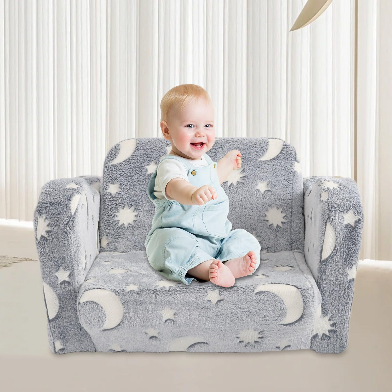Snowmini Kids &Toddler Couch,Kids Sofa Couch Fold Out,Toddler Chair for Kid 2 in 1,Convertible Sofa to Lounger for Playroom,Baby Couch with Glowing at Night,Grey
