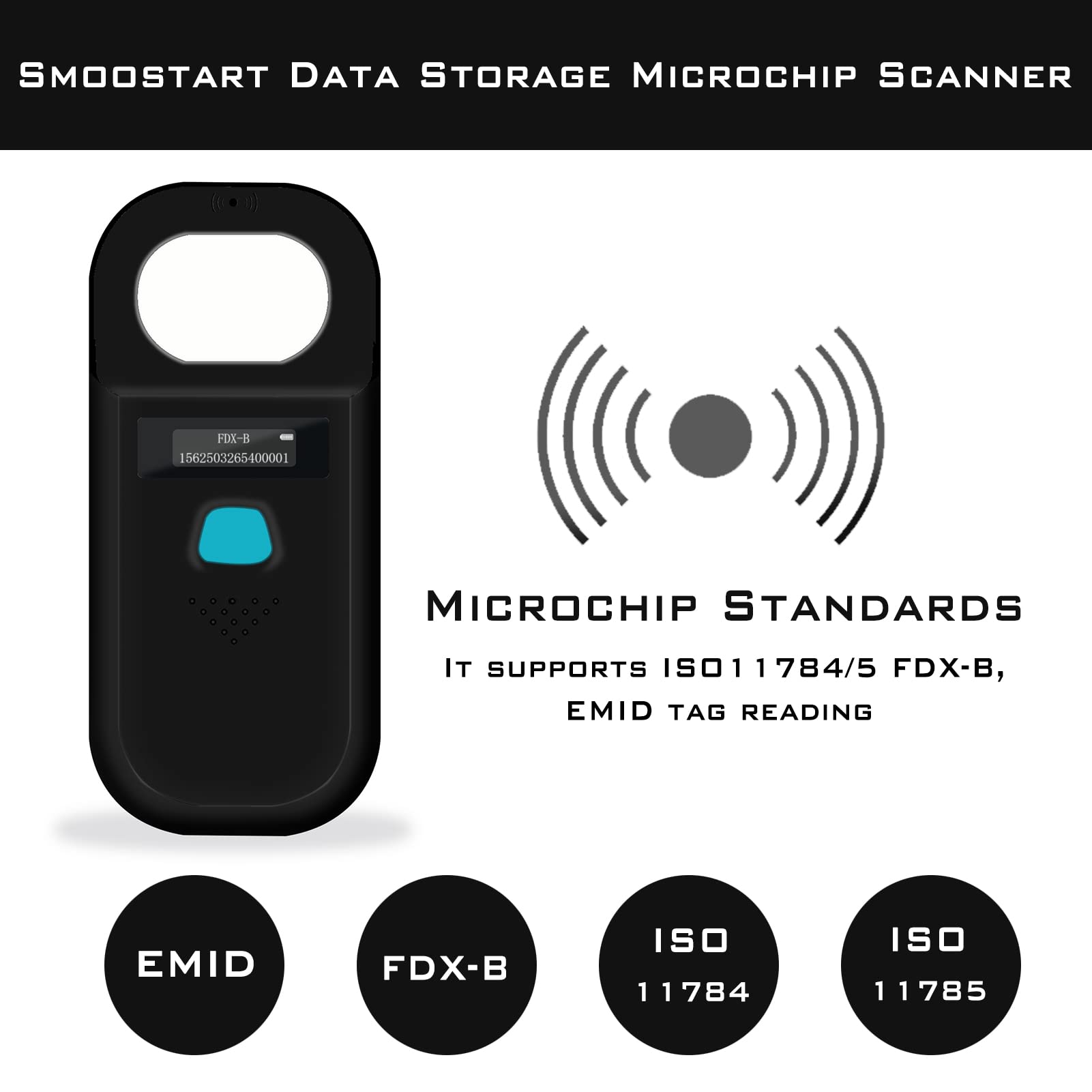 Smoostart Universal Pet Microchip Scanner, FDX-A/FDX-B/HDX Pet Dog Microchip Reader Read All Format Chips 16000 Data Records Multiple Methods to Upload to Pc for Animal/Pet/Dog/Cat/Pig (White)