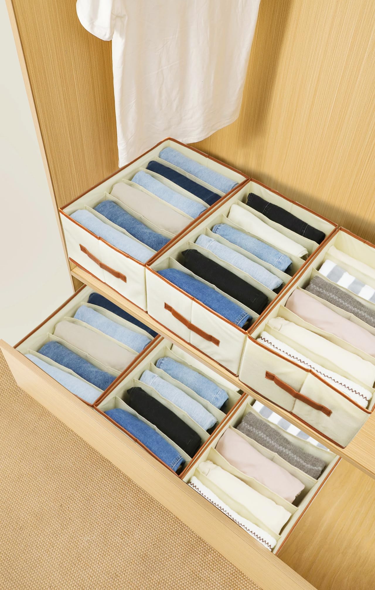 Fordonral Set of 4 Extra Large Clothes Organizer Closet Organizer 6 Compartments for Jeans Sweater Sheet Shirt Divided Clothing Storage Box for Closet,Wordrobe,Bedroom,Shelf