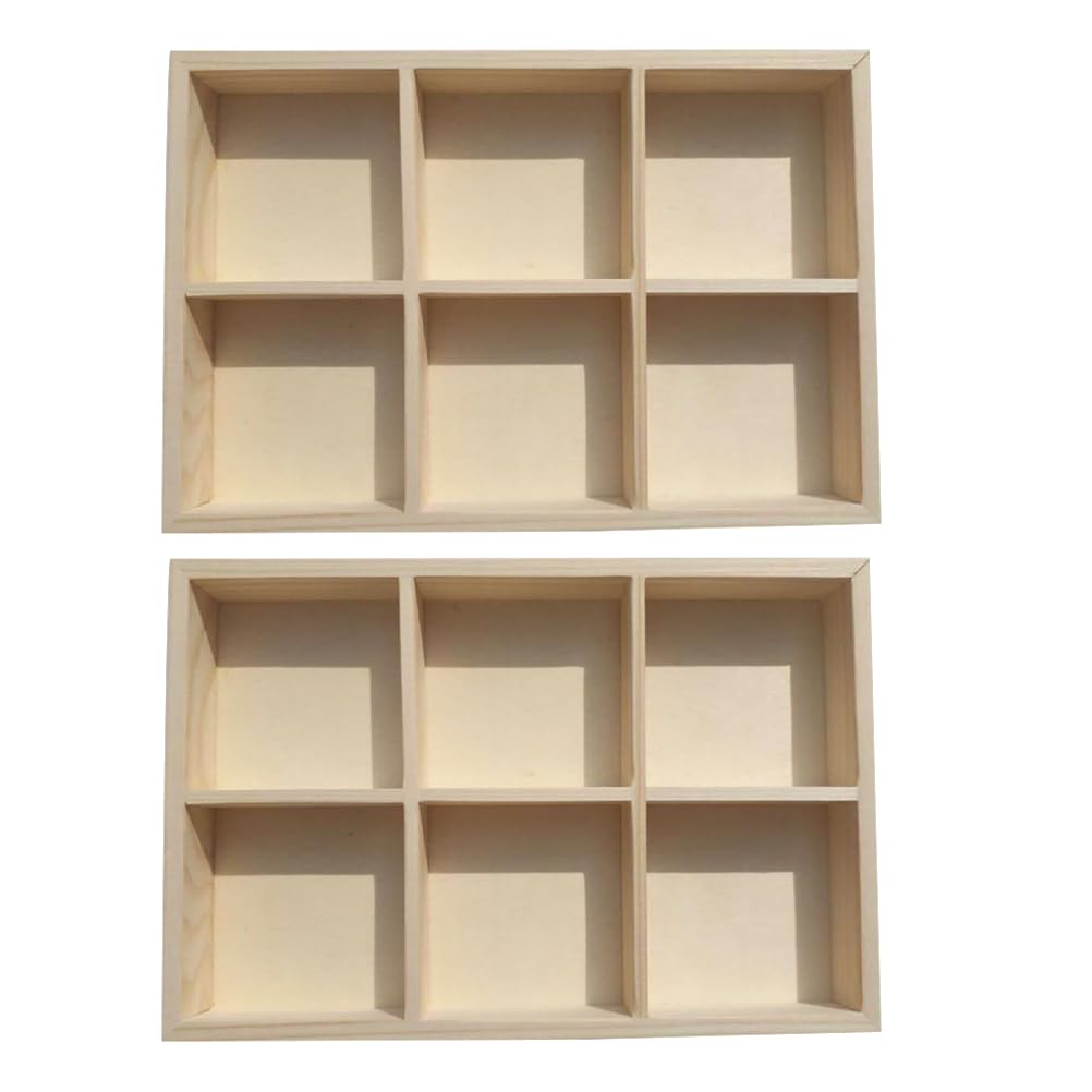 Wakauto 2Pcs Wooden Storage Divider Box Showcase Display Box 6 Grid Wood Organization Tray Desk Display Crafts Holder for Art Supplies Organizer