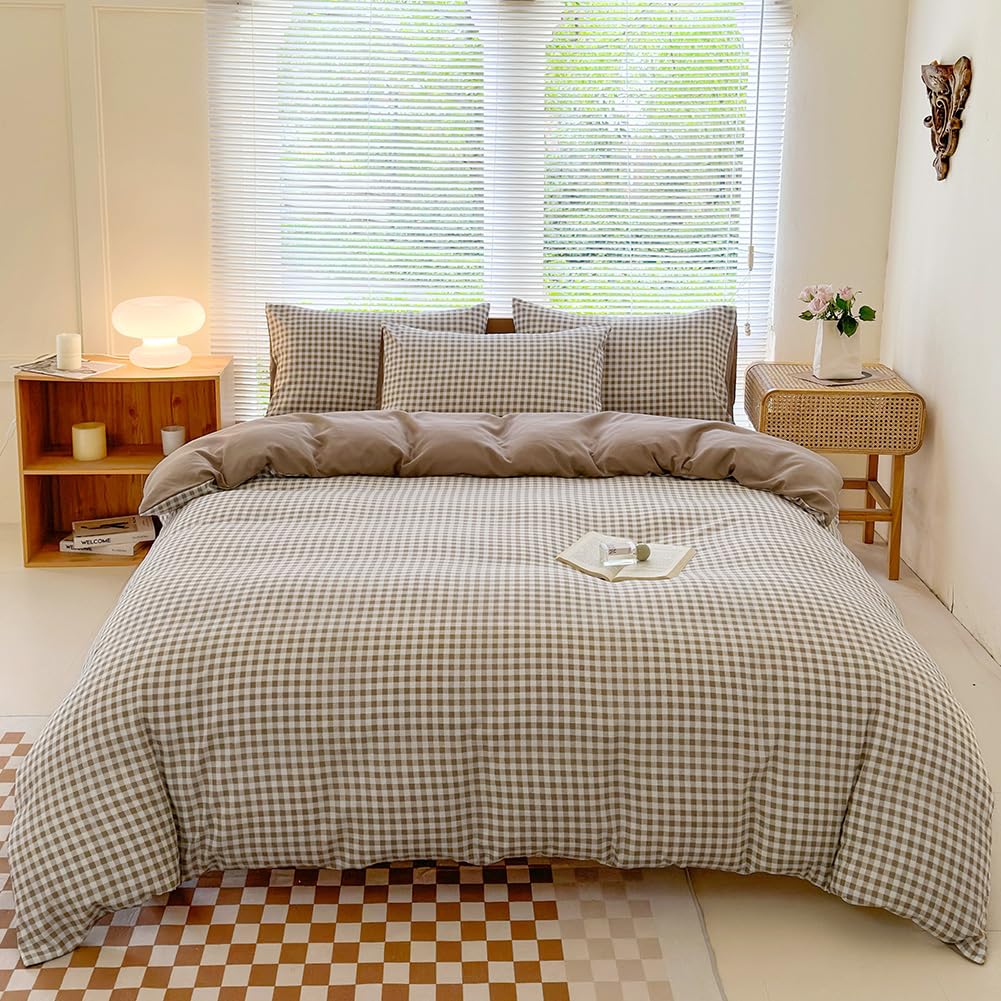 NSNLGSGC Queen Gingham Grid Duvet Cover Set Tan- Washed Microfiber Plaid Comforter Cover Set Brown Soft & Lightweight Breathable Clean Bedding Set(3PCS, Queen)