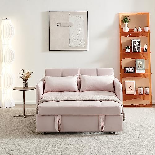 FANYE Twin XL 3-in-1 Tufted Upholstered Daybed Futon Loveseat W/Pull Out Sleeper Bed and USB Ports, 2-Seaters Sofa & Couch Soft Cushions Love Seat Convertible Size Sleep Sofabed for Living Room, Pink