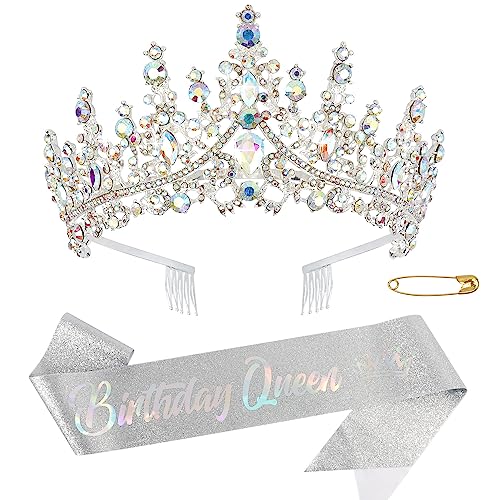 Chanaco Birthday Crown Birthday Sash Birthday Crowns for Women Birthday Queen Sash Silver Tiara Happy Birthday Decorations Rhinestone Headband Birthday Party Gifts