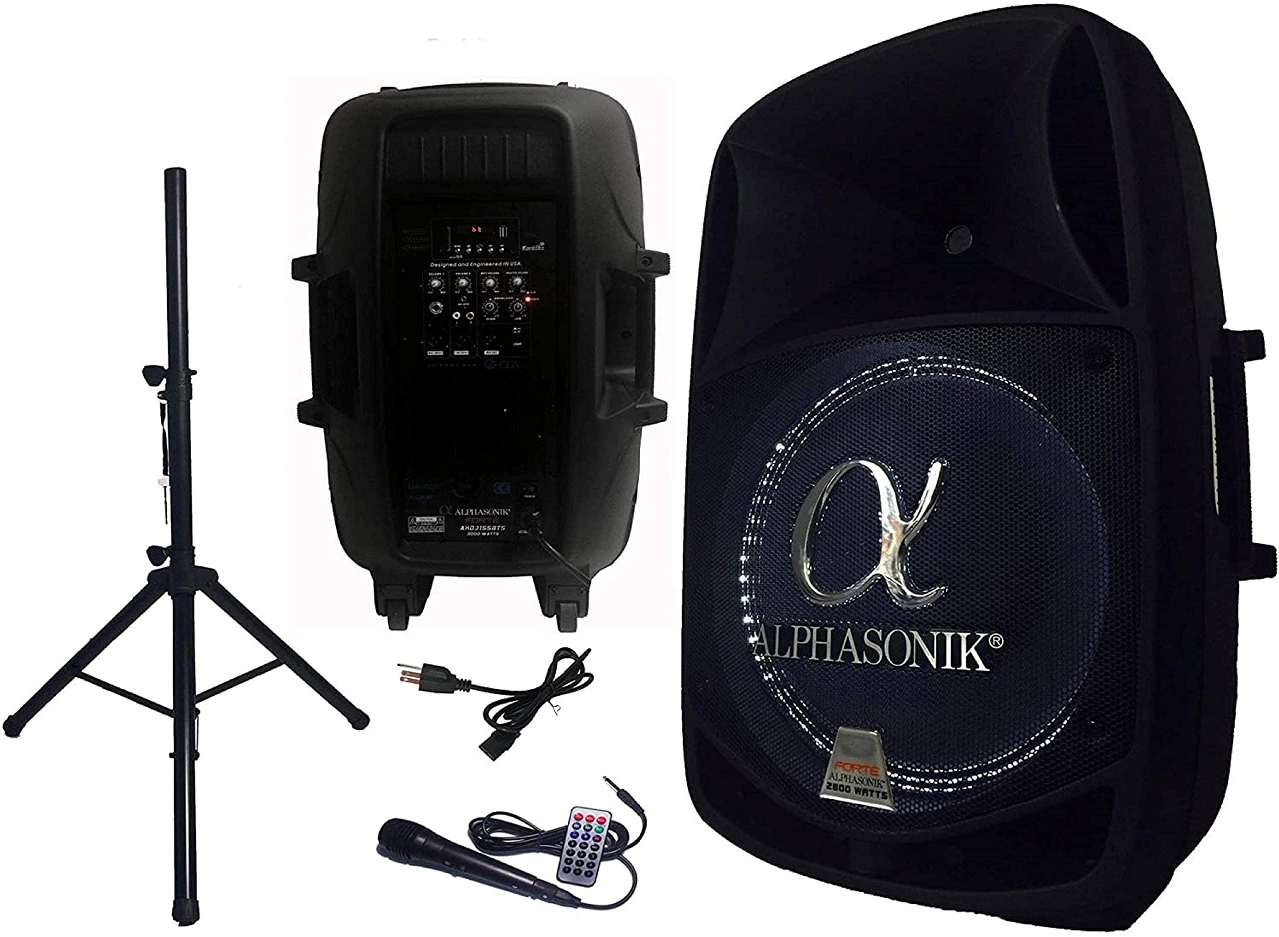 Alphasonik 15" Powered 2800W PRO DJ Amplified Loud Speaker Bluetooth USB SD Card AUX MP3 FM Radio PA System LED Ring Karaoke Mic Main Monitor, Band Church, Party, Guitar Amp, Home, BBQ w/Tripod Stand
