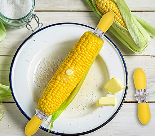 Friwer White Porcelain 9 Inch Corn Cob Tray, Set of 4 - with 8 Stainless Steel Soft Grip Corn Picks