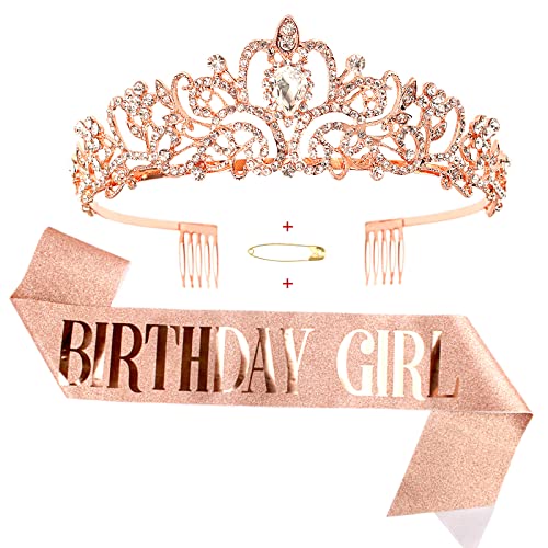 Birthday Girl Sash & Rhinestone Tiara Set, Rose Gold Birthday Crowns for Women, Happy Birthday Queen Tiara for Women, Birthday Sash and Tiara for Women, Glitter Birthday Sash Birthday Party Favors