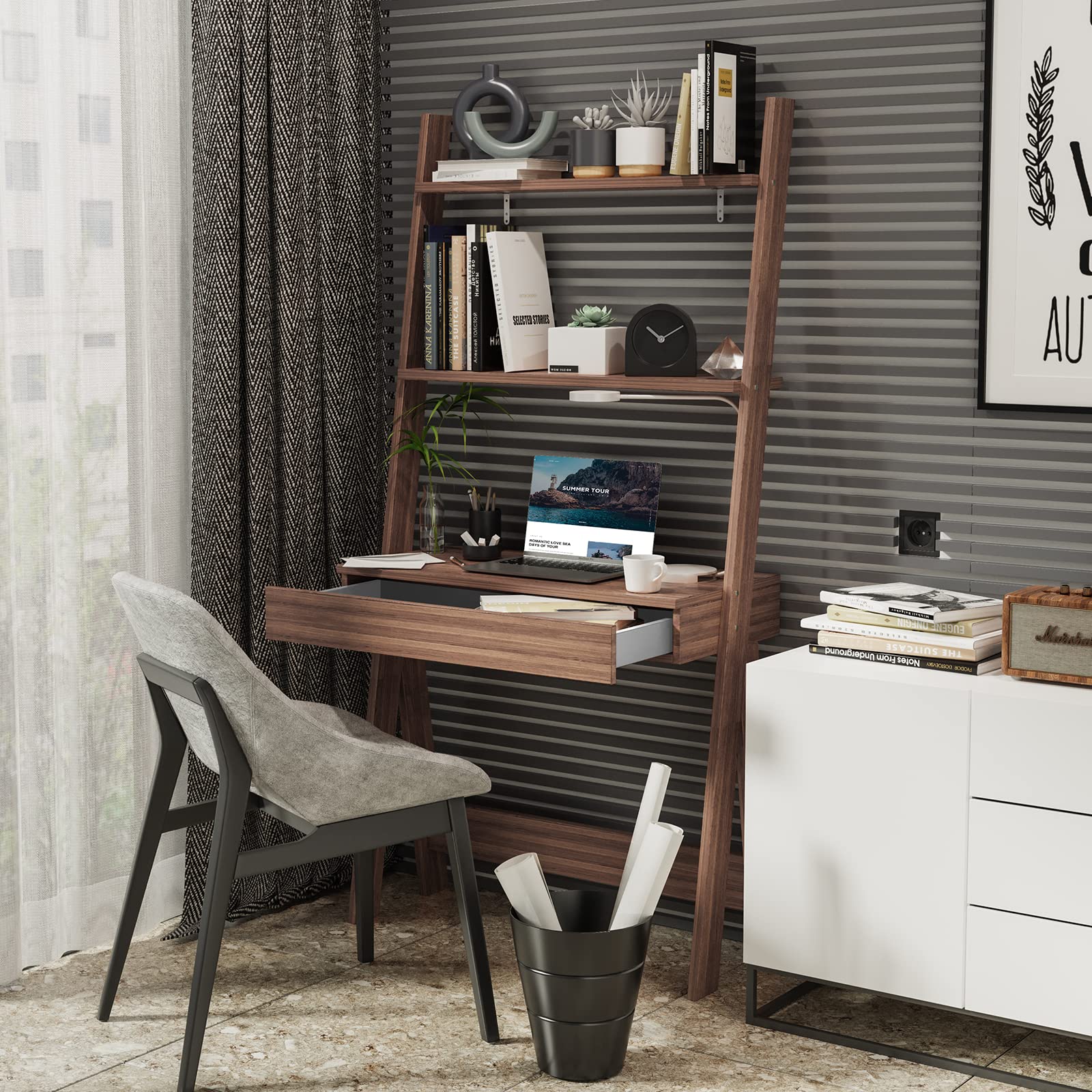 Giantex 3 Tier Ladder Desk with Drawer, 33" Width Walnut Ladder Shelf with Anti-Tipping Device, Freestanding Bookshelf, Leaning Computer Desk with Shelves for Small Space