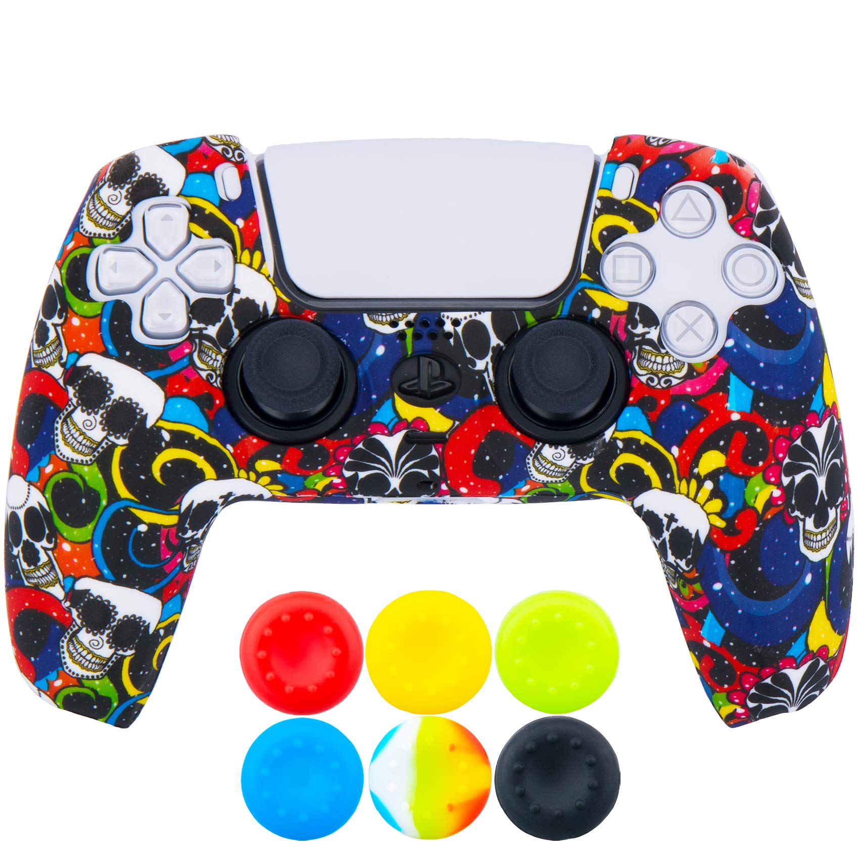 9CDeer 1 Piece of Silicone Transfer Print Protective Thick Cover Skin + 6 Thumb Grips for Playstation 5 / PS5 Controller Beaty Skulls
