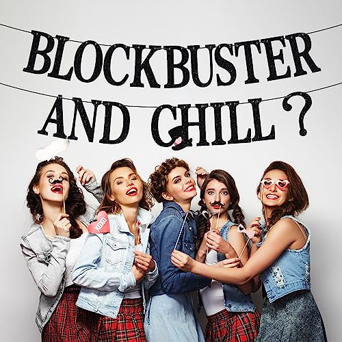 BLOCK BUSTER AND CHILL Banner, Back To 80s 90s, 80‘s 90’s Themed Birthday Party Decorations - Black Glitter