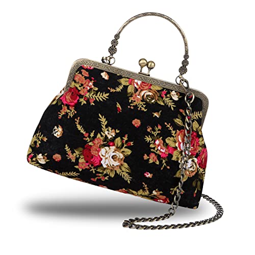 Abuyall Vintage Handbags Floral Top-Handle Kiss Lock Evening Bag for Women Retro Purse with Chain Women's Clutch Bag for Party 1920s Clutch Purse (Black)