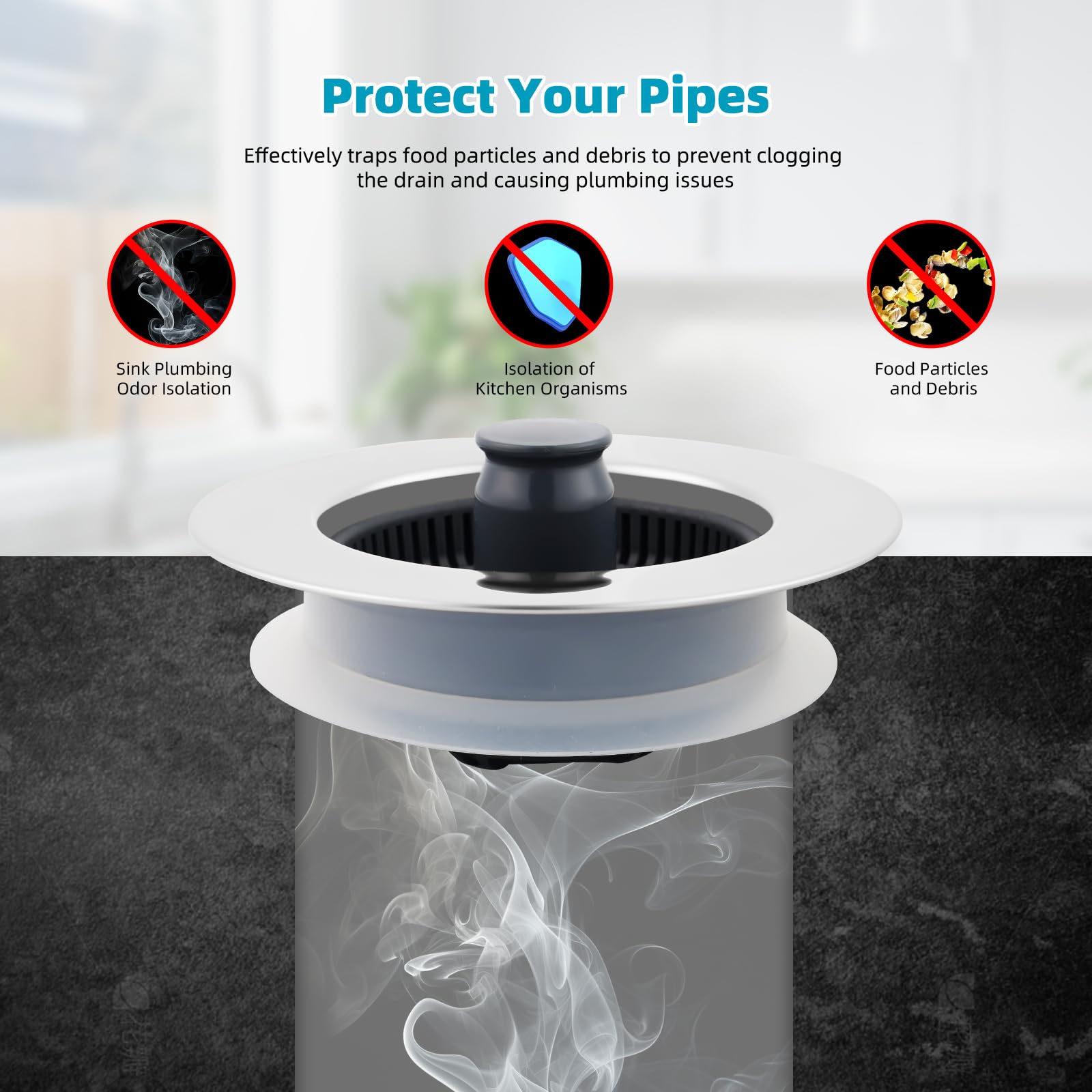 Hibbent 3 in 1 Kitchen Sink Drain Strainer, Stainless Steel Wrapped Shell Drain Stopper Combo, Pop Up Sink Stopper, Anti-Clogging Basket Strainer with Handle for US Standard 3-1/2" Drain
