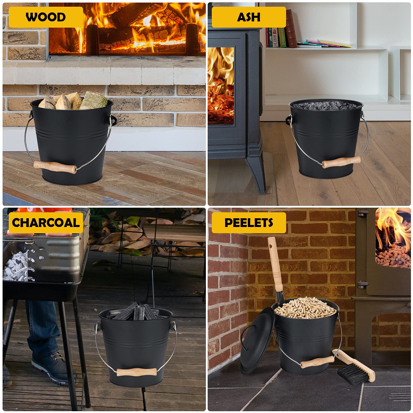 MINI Ash Bucket with Shovel and Hand Broom, 2 Gal Pail with Lid, Metal Bucket Coal and Ash Carrier Wood Pellet Storage Container Tool set for Fireplace Fire Pit, Iron Ash Wood Burning Stove