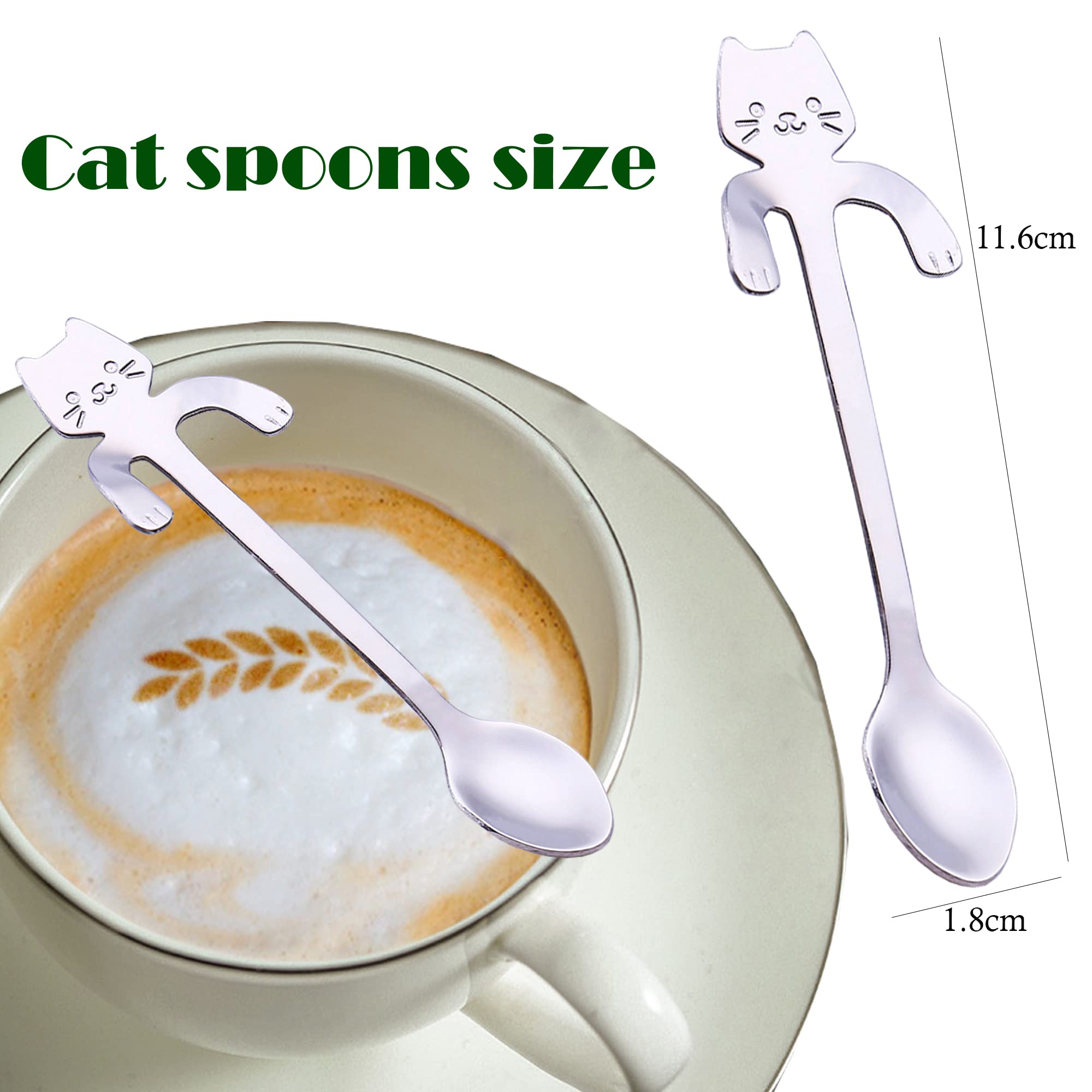Cat Spoon Coffee Tea Spoon Set, ESRISE Stainless Steel Hanging Cup Teaspoons Demitasse Mini Long Cute Kitten Stirring Spoon for Dessert Drink Mixing Milkshake (Silver)