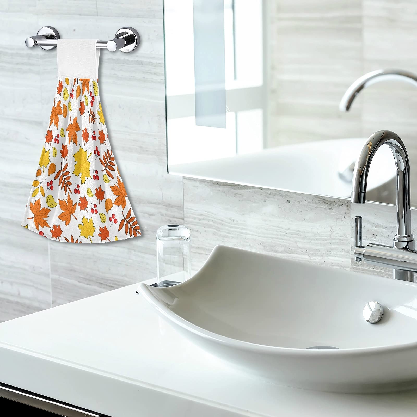Autumn Maple Leaves Hanging Kitchen Towel Berry Fall Leaf Hand Tie Towels Set 2 Pcs Tea Bar Dish Cloths Dry Towel Soft Absorbent Durable for Bathroom Laundry Room Decor