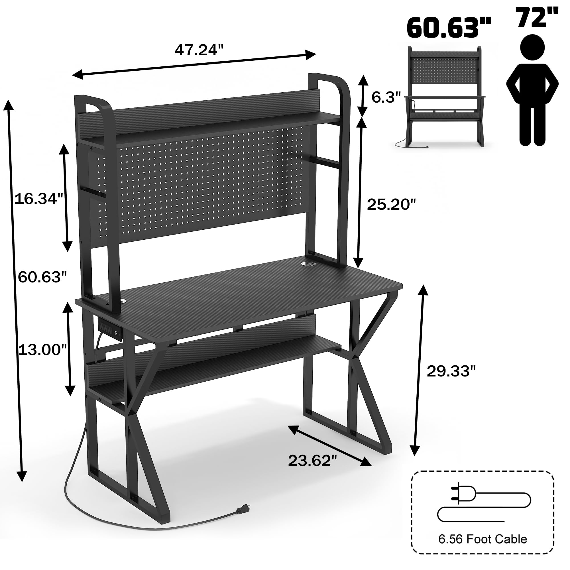 Chnnmbrn Home Office Desk with Power Outlet,Gaming Desk with Pegboard,Large PC Table Computer Desk with Shelves,Multifunctional Workbench,Study Writing Workstation