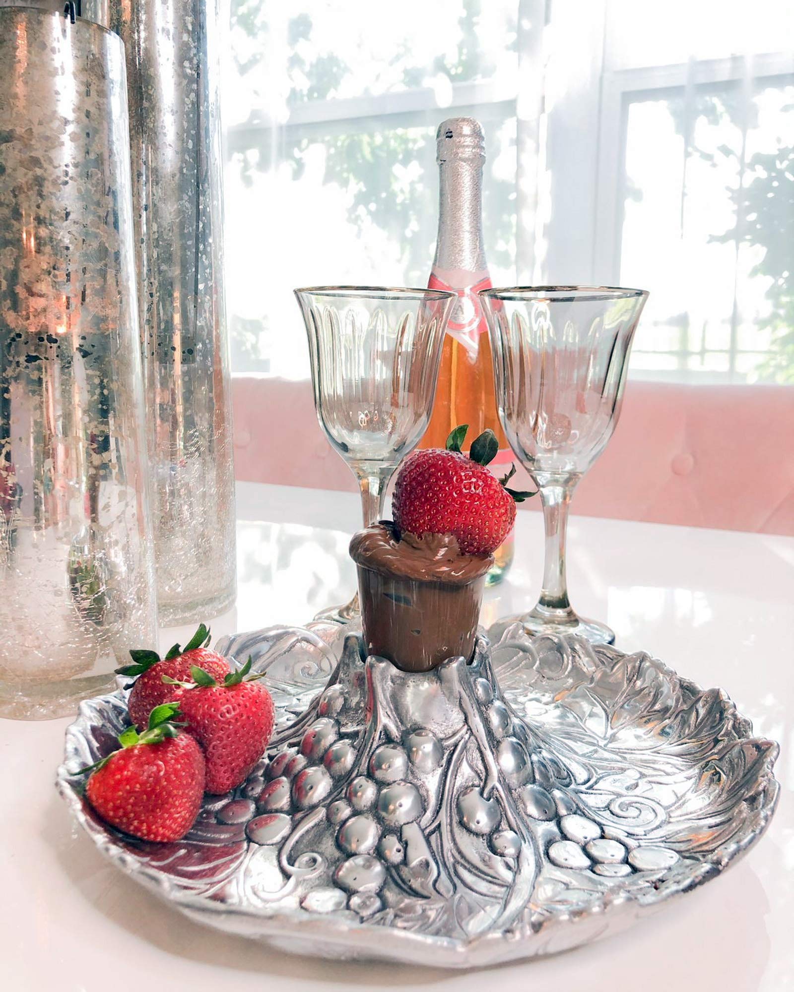 Arthur Court Aluminum Metal Grape Pattern Tidbit Cheese Hors d'oeuvres Tray with Glass for Toothpick - Entertaining Small Platter 10 inch Diameter x 2.25 inch Tall