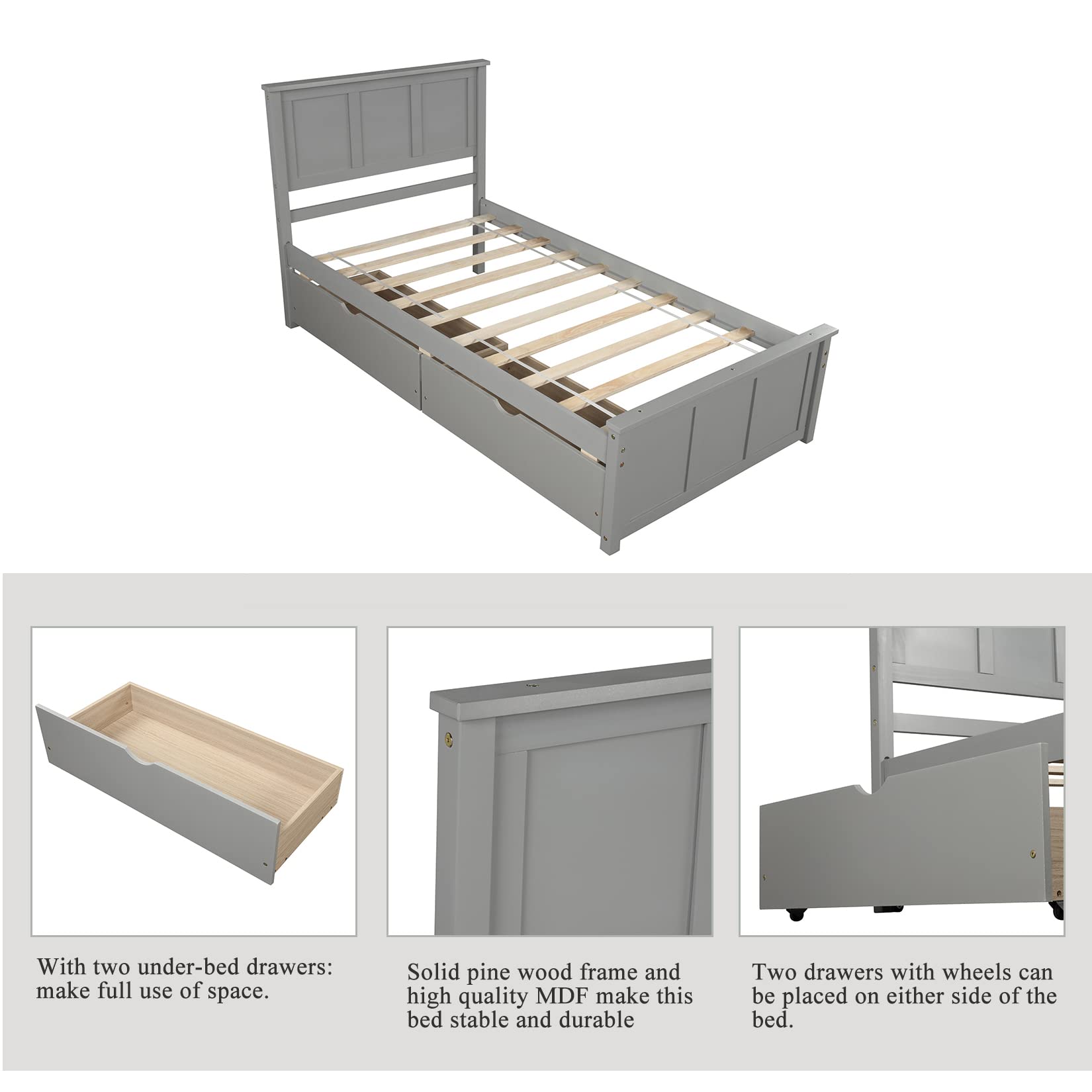 Twin Bed with Drawers,Wood Platform Bed Frame with Headboard and Footboard Wooden Captain Bed for Boys, Girls, Kids, Teens, Gray