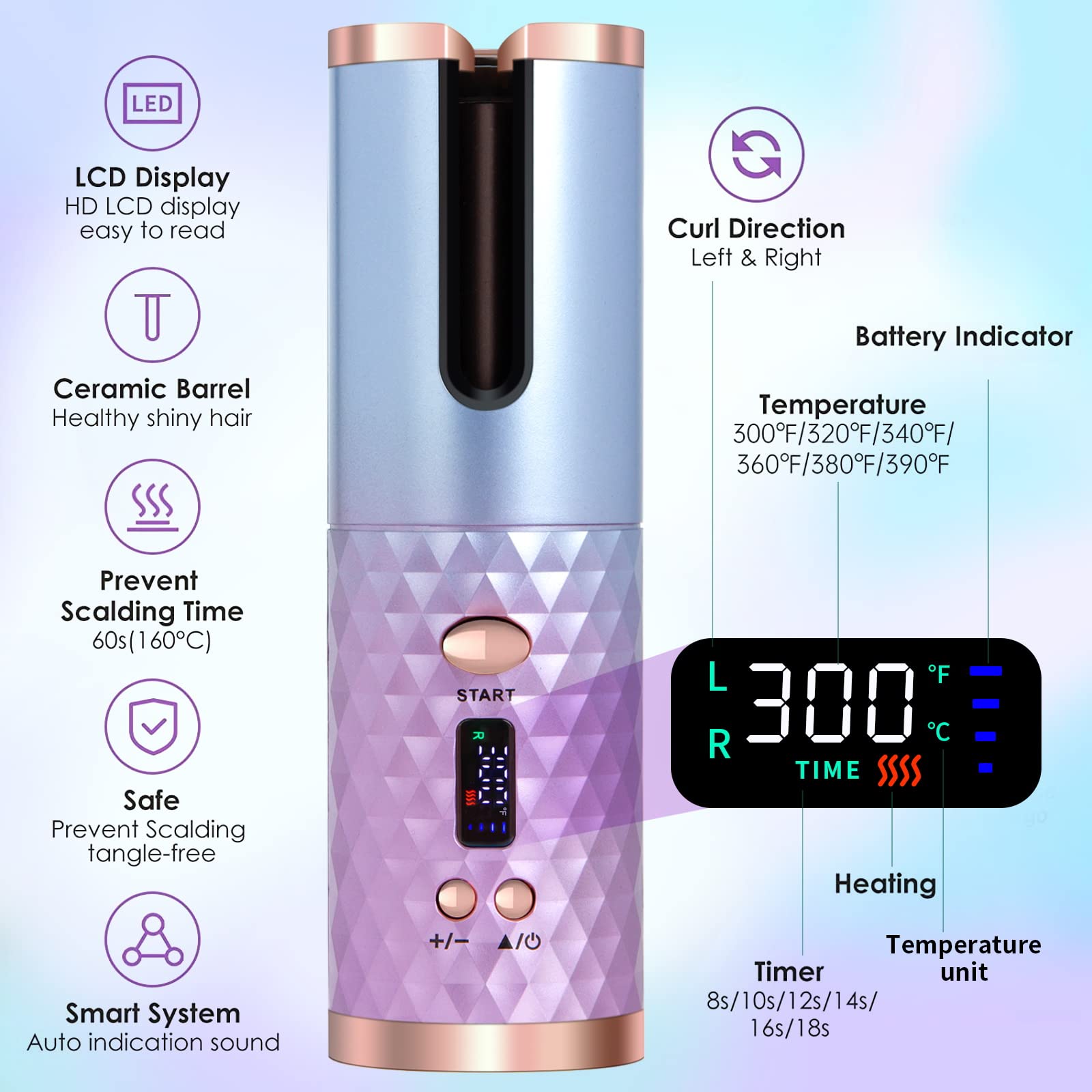 Automatic Curling Iron, Ombsyej Cordless Auto Hair Curler Ceramic Rotating Hair Curler with 6 Temps & Timers, LCD Display USB Rechargeable Curling Wand, Fast Heating Iron for Styling