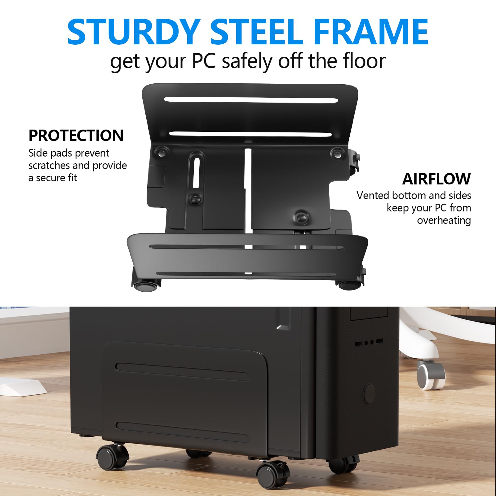 AGPTEK CPU Stand, Computer Tower Stand Adjustable Width from 4.7" to 8.2" with 2 Locking Wheels and 2 Caster Wheels, UPC Steel Rolling Stand Computer Stand for Desktop Tower (Black)