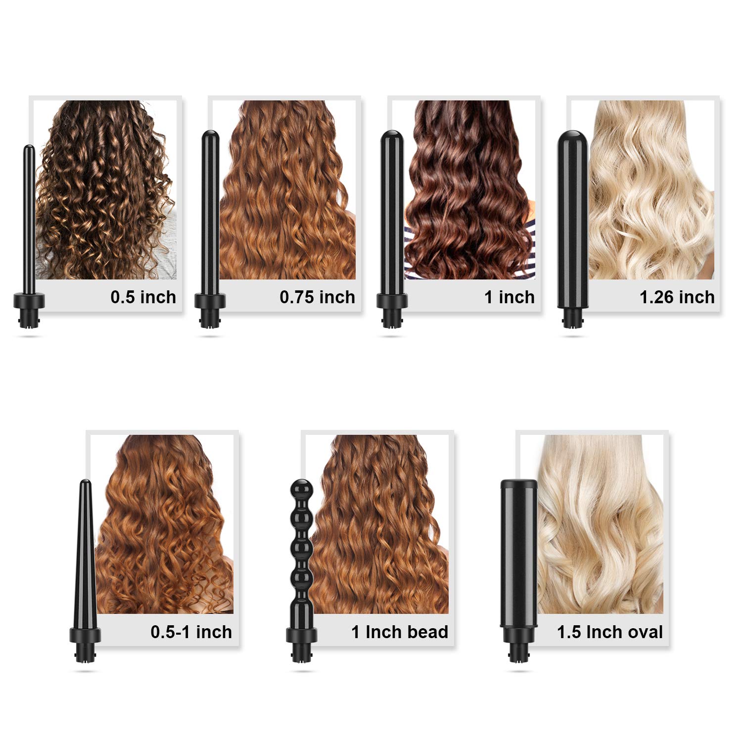 PARWIN PRO BEAUTY Curling Iron Set 7 in 1 Interchangeable Barrels Dual Voltage Hair Curler LCD Display Tourmaline Ceramic Curling Iron with Heat Resistant Glove, Black 7 Sizes - Standard