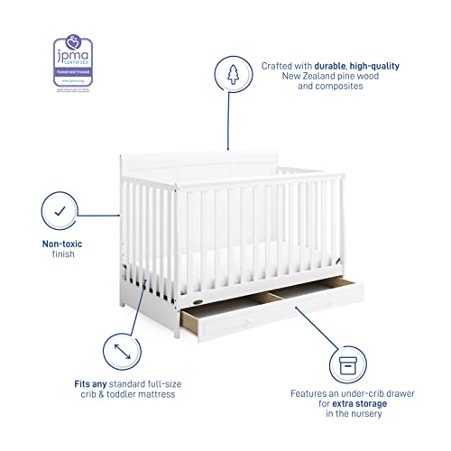 Graco Asheville 4-in-1 Convertible Crib with Drawer (White) β GREENGUARD Gold Certified, Crib with Drawer Combo, Full-Size Nursery Storage Drawer, Converts to Toddler Bed, Daybed and Full-Size Bed