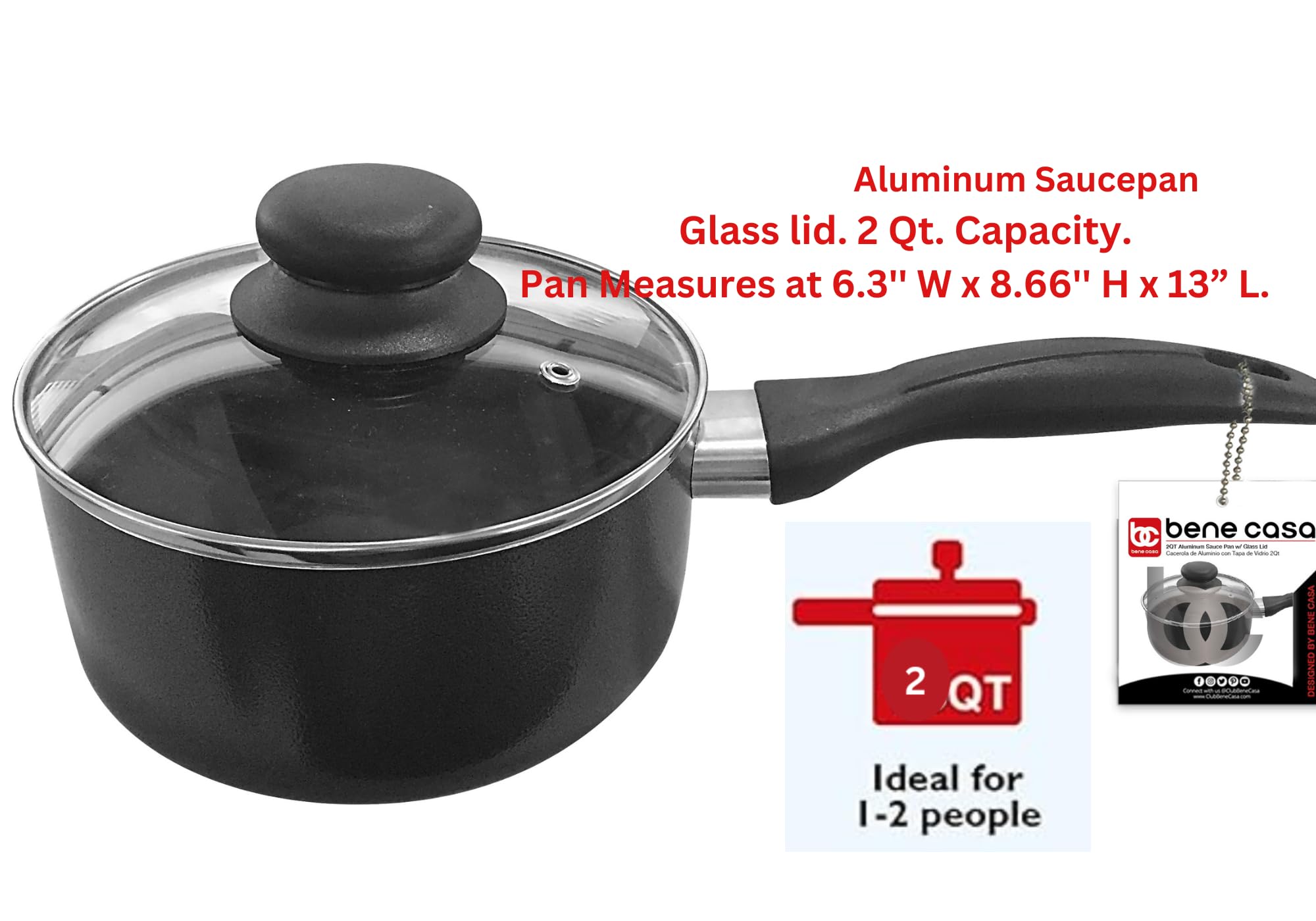Bene Casa - Non-Stick Aluminum Saucepan with Lid - 2 Qt. Capacity - Oven and Dishwasher Safe - Cool Touch Handle