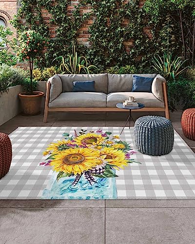 Fall Floral Thanksgiving Outdoor Rug for Patio, Large Floor Mat Sunflower Vase Grey Buffalo Plaid Non Slip Area Rug Rubber Backing Quick Dry Clearance Carpet for Camping, Garden, Deck, Porch, 5' x 8'